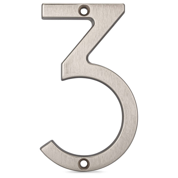 4 In. Contemporary House Number 3 - Satin Nickel Finish - Harney Hardware